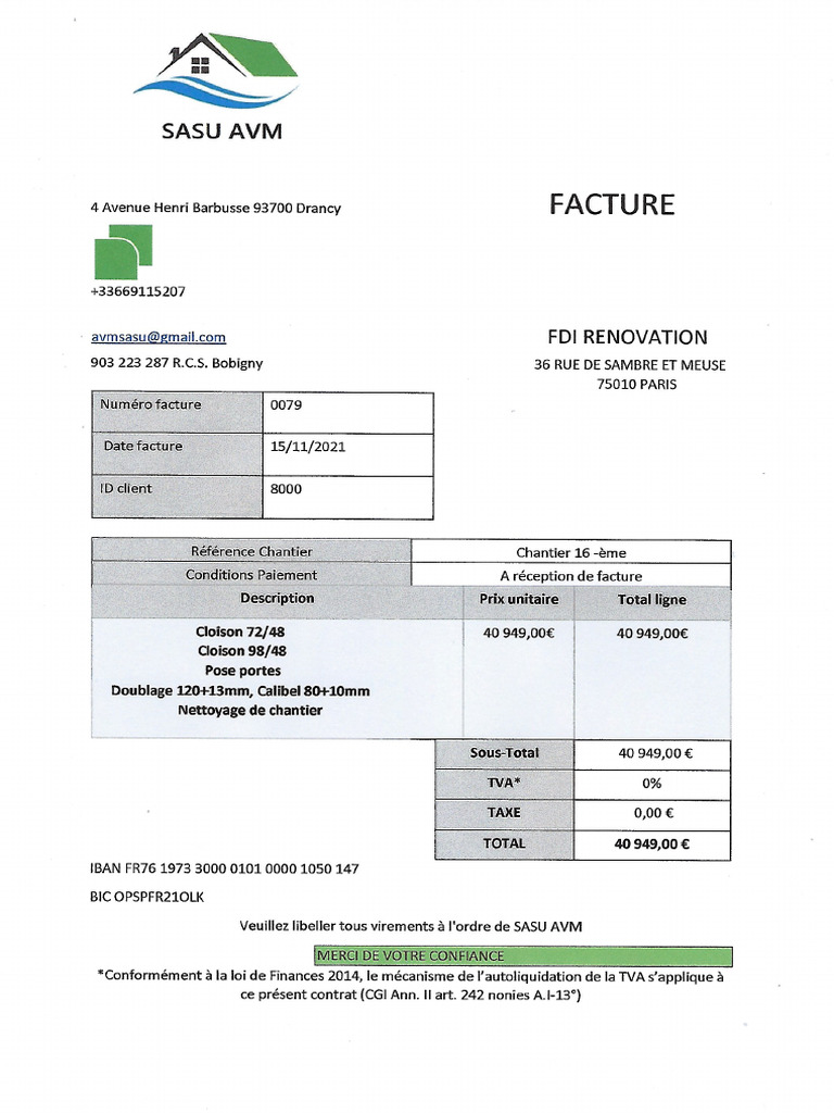 Facture Sasu Avm NR0079 Fdi Renovation | PDF