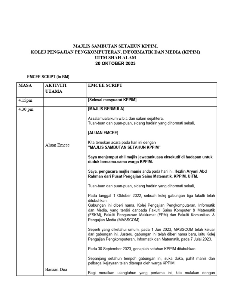 Emcee Script - Setahun KPPIM - 2023 | PDF