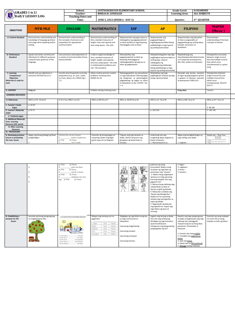 DLL All Subjects 2 q4 w6 | PDF | Linguistics