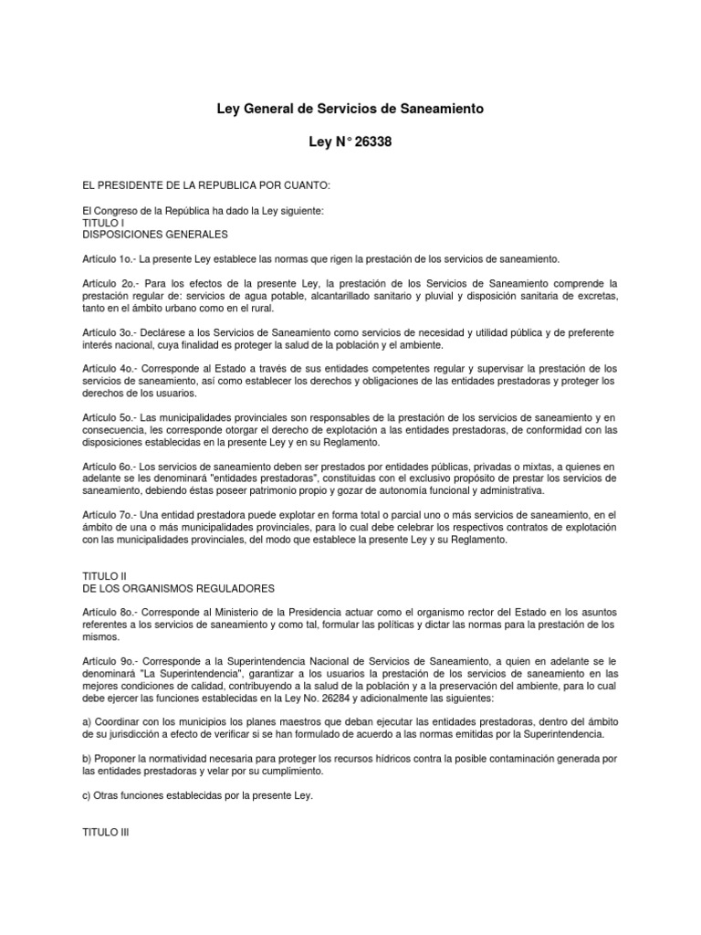 Ley 26338 Servicios de Saneamiento | PDF | Saneamiento | Alcantarillado