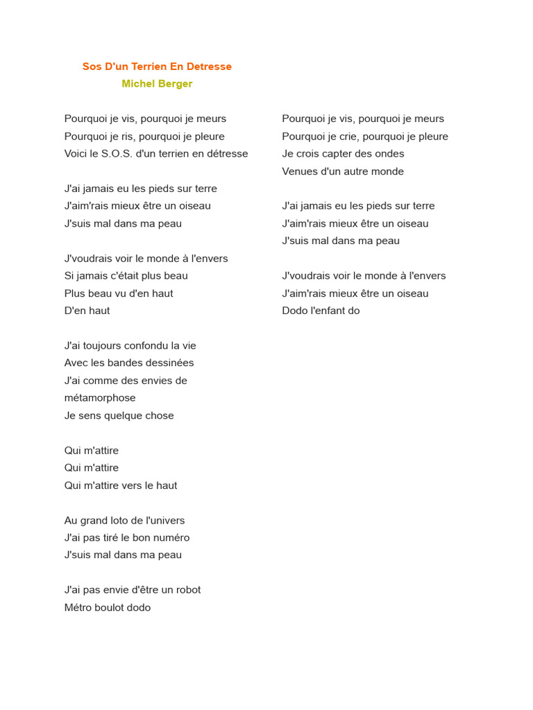 Sos D'un Terrien en Detresse Letra | PDF