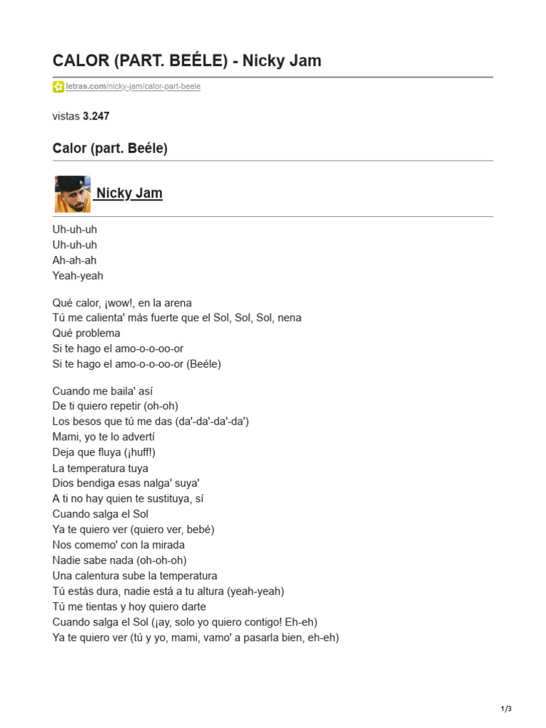 CALOR PART BEÉLE - Nicky Jam | PDF