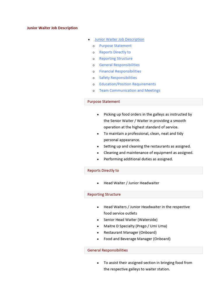 Junior Waiter Role Overview | PDF | Waiting Staff