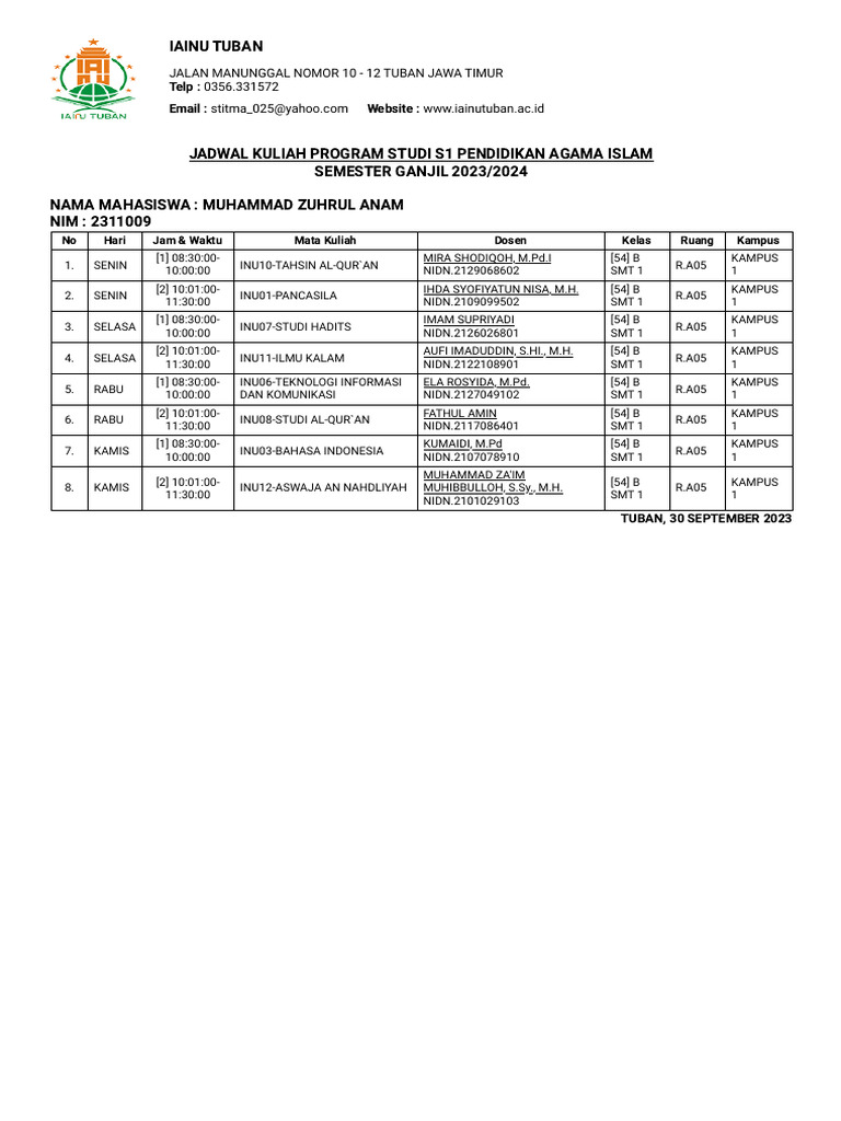 Jadwal Kuliah Pai B Pagi Pdf