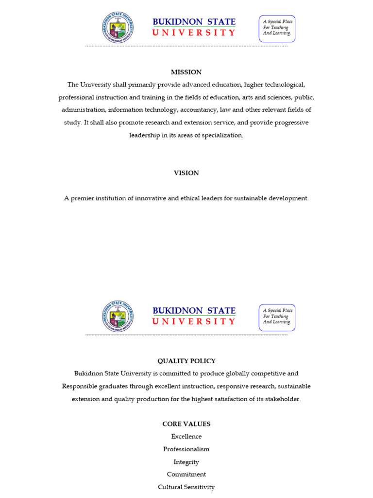 BUKIDNON STATE UNIVERSITY Mission & Values | PDF | University