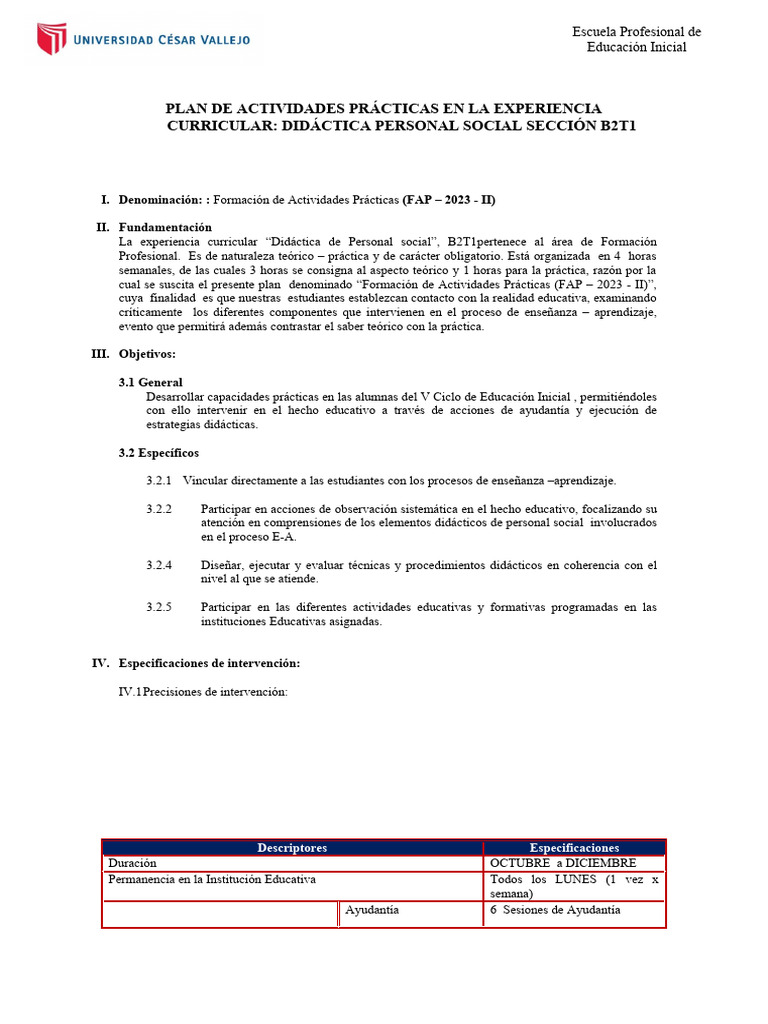 Plan de Actividades Practicas Didactica de Personal Social - b2t1 | PDF | Evaluación | Enseñando