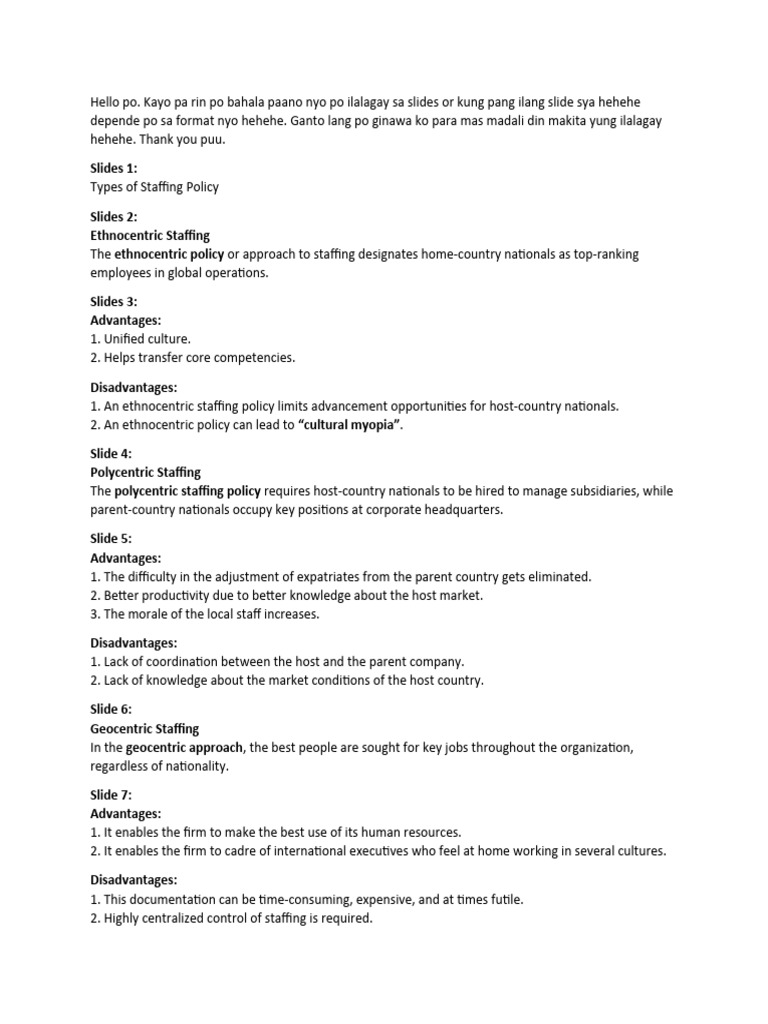 Types of Staffing Policy PPT Content | PDF