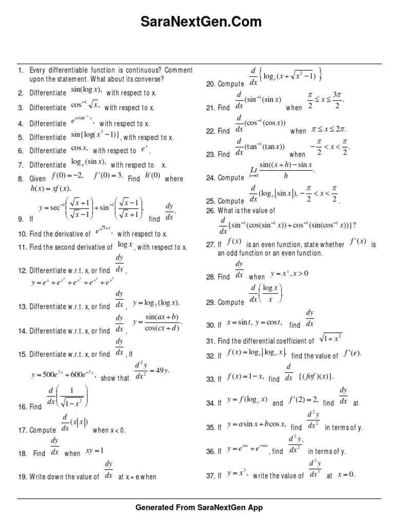 Chapter 10 - Differentiations - Questions - Class 12 Maths Question ...