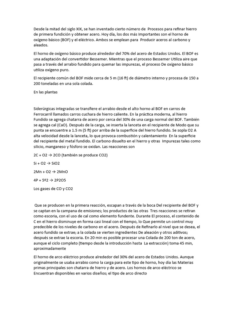 Procesos de Refinación de Acero y Tipos | PDF | Arrabio | Acero