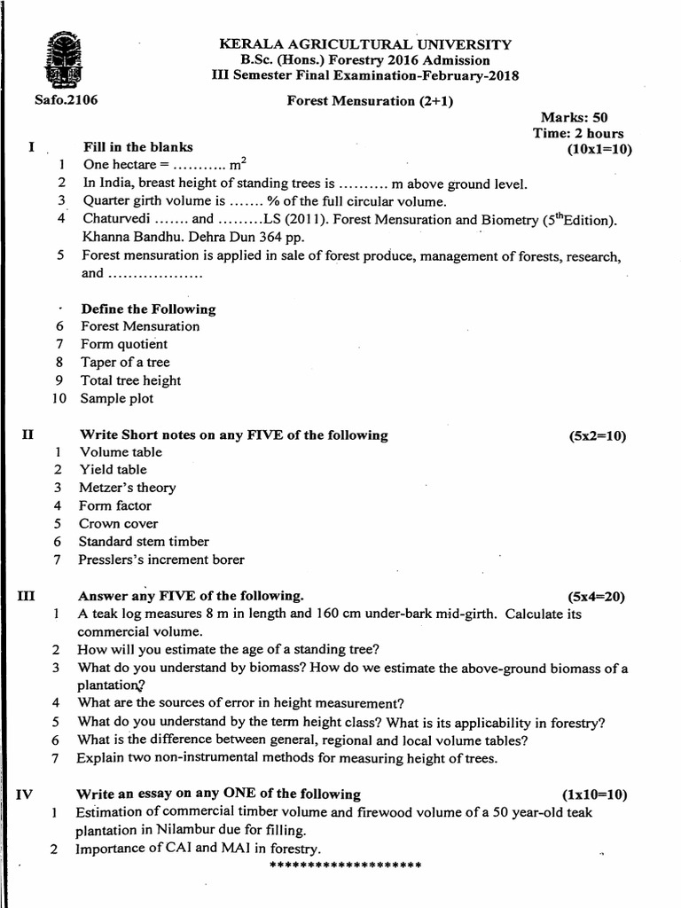 Forest Mensuration (2+1) | PDF | Forestry | Measurement