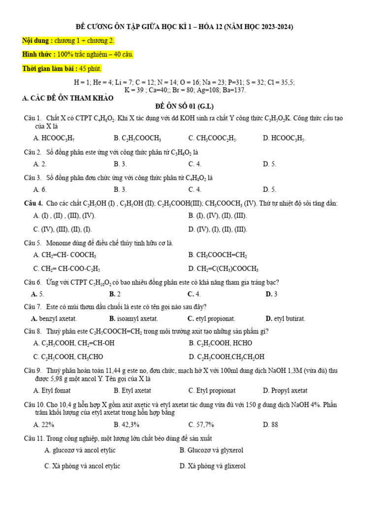 1.2 ĐỀ CƯƠNG KIỂM TRA GHK 1 HOA 12 | PDF