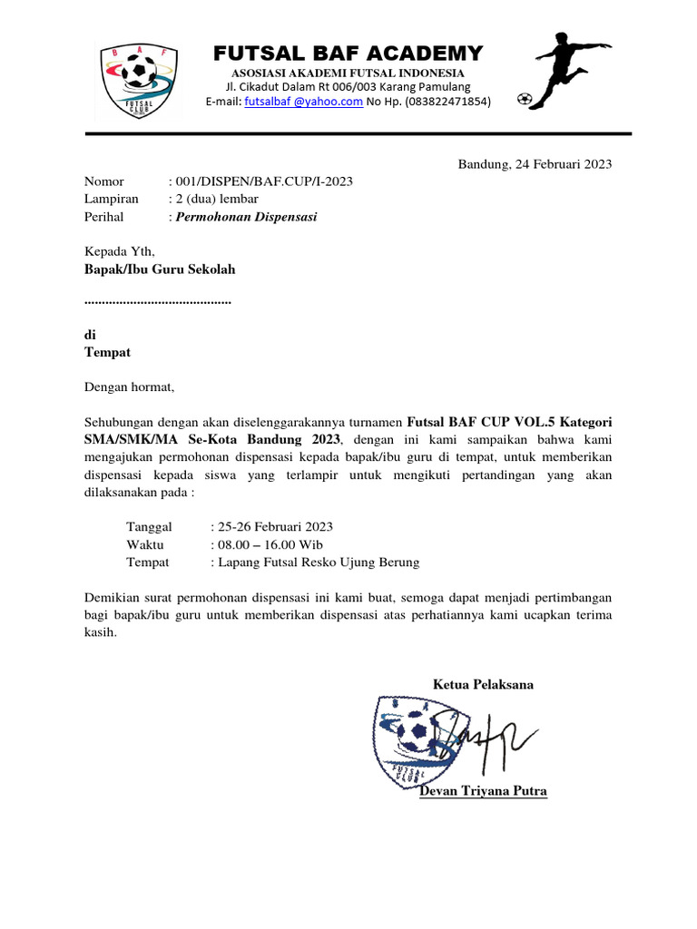 Surat Dispensasi BAF Cup | PDF