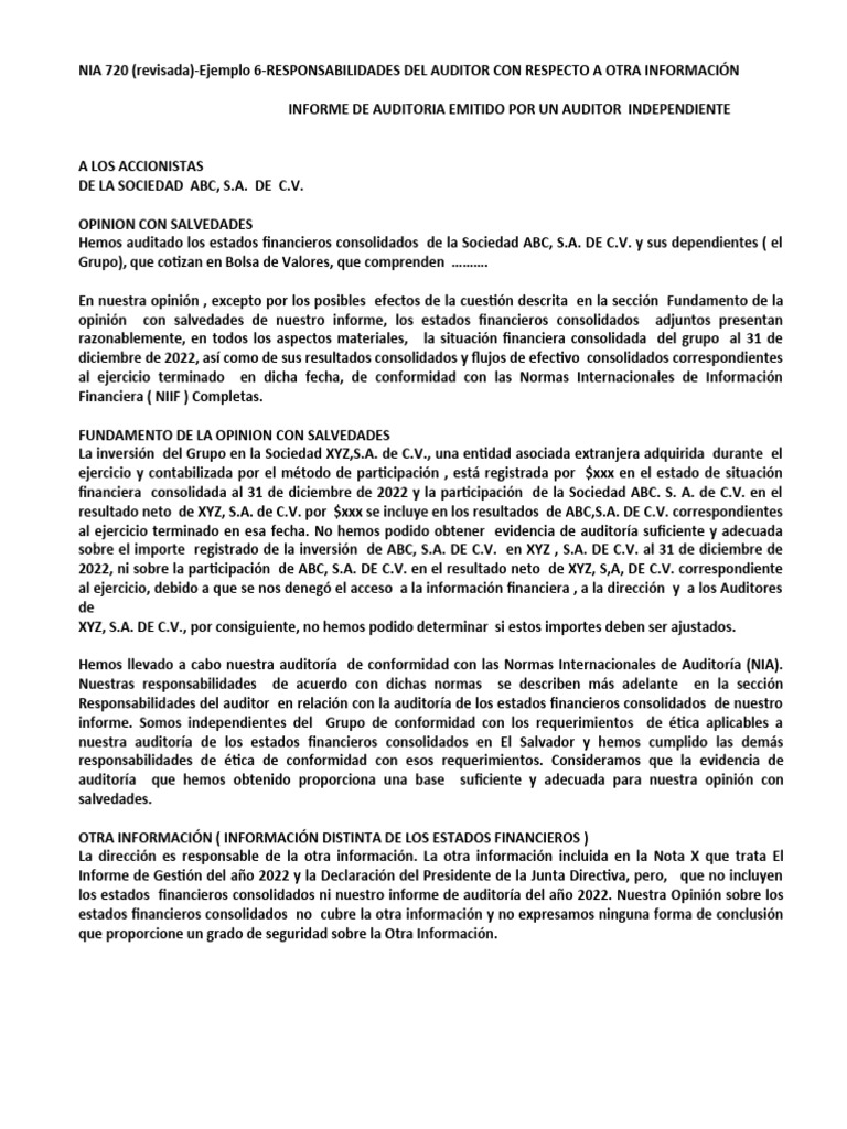 NIA 720 (Revisada) Ejemplo 6 - RESPONSABILIDADES A OTRA INFORMACIÓN ...