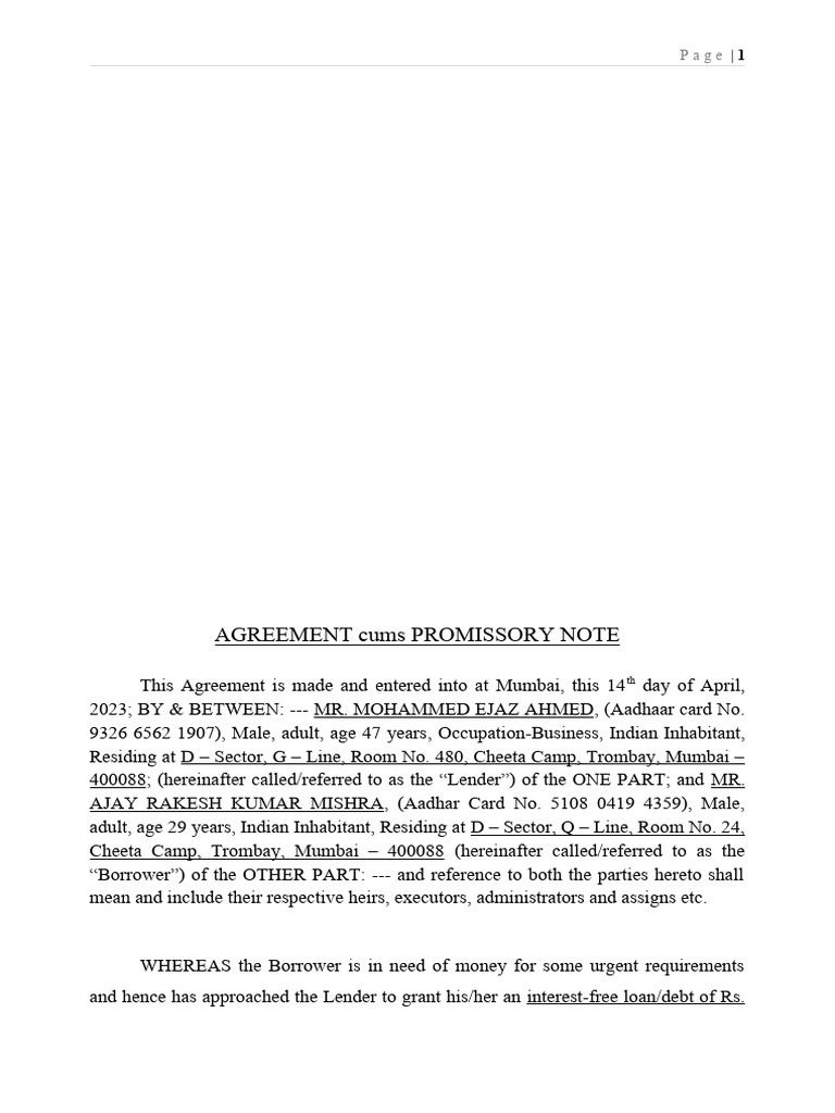 PROMISSORY NOTE No Interest Unsecured 180423 | PDF | Loans | Personal ...