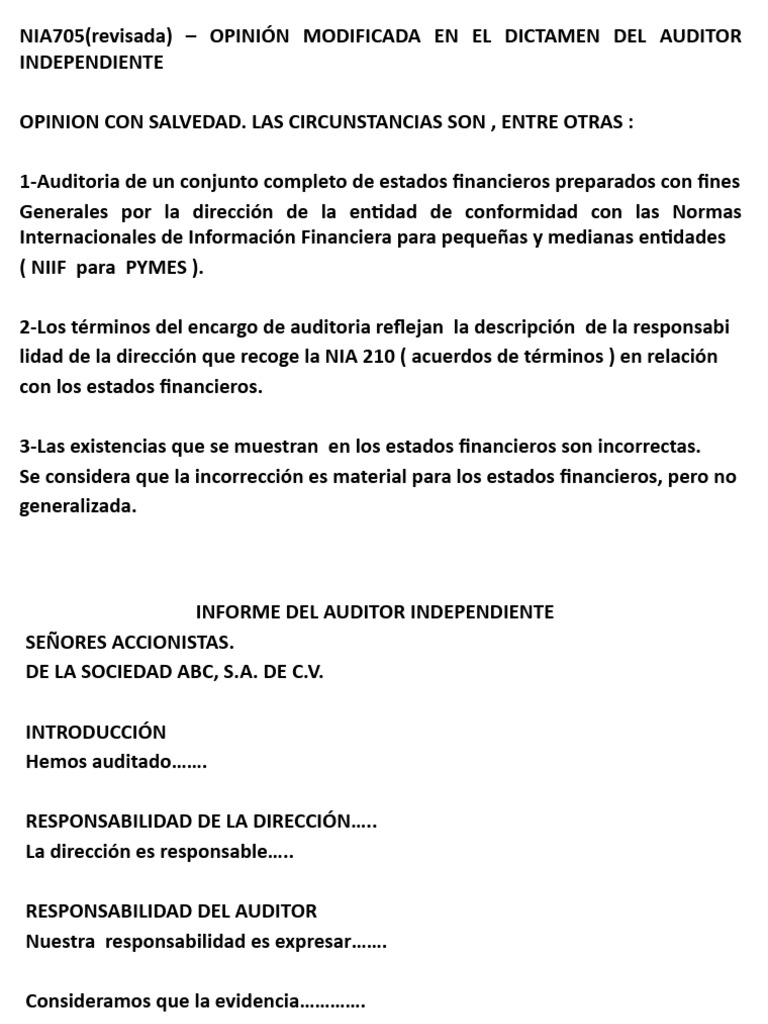 Nia 705 Opinion Modificada en El Dictamen Del Auditor | PDF | Auditoría | Contralor