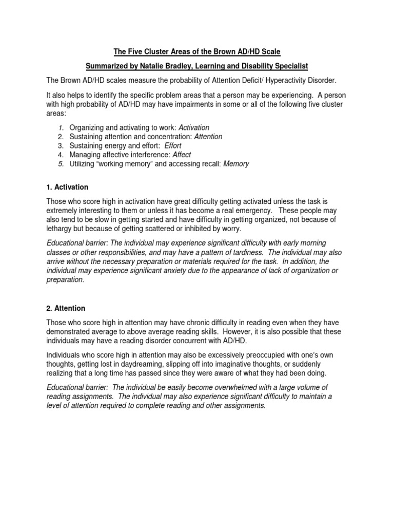 Brown ADHD Scale: Five Key Areas | PDF | Memory | Attention