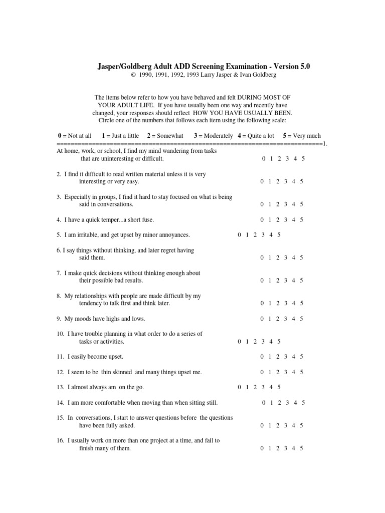 (Tdah) ADD-AdultQ by Jasper&Goldberg | PDF | Cognitive Science | Emotions
