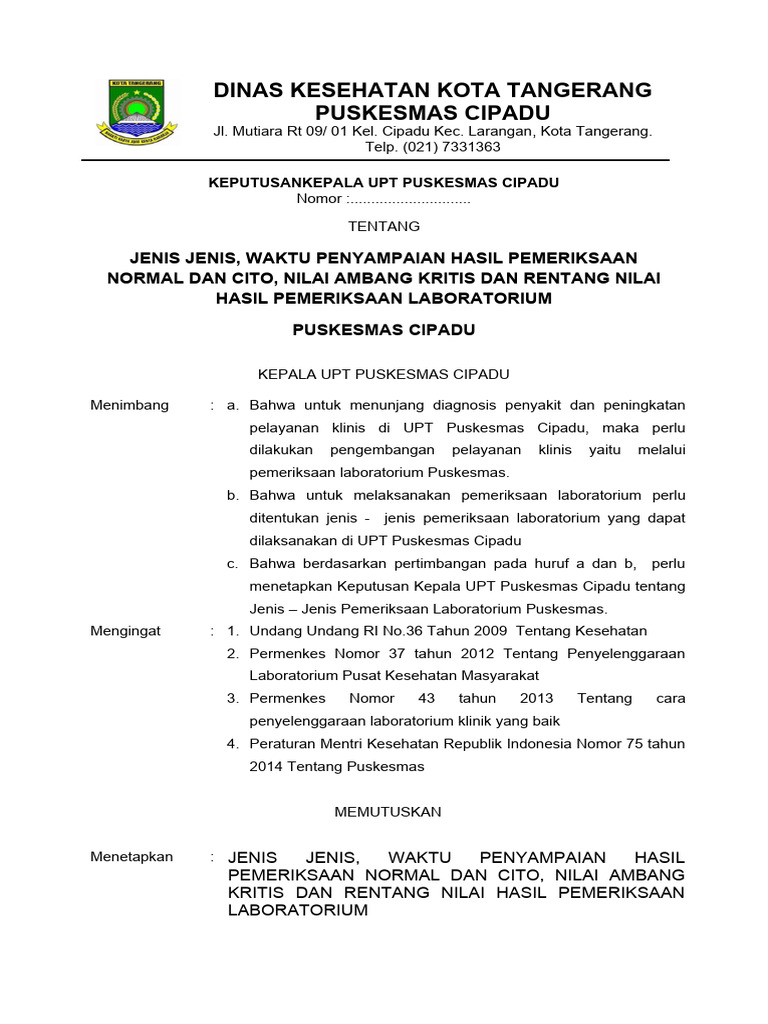 8.1.1.1 SK JEnis Pemeriksaan Lab Cipadu | PDF | Kesehatan Holistik