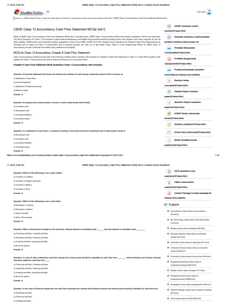 CBSE Class 12 Accountancy Cash Flow Statement MCQs Set C, Multiple Choice Questions | PDF ...