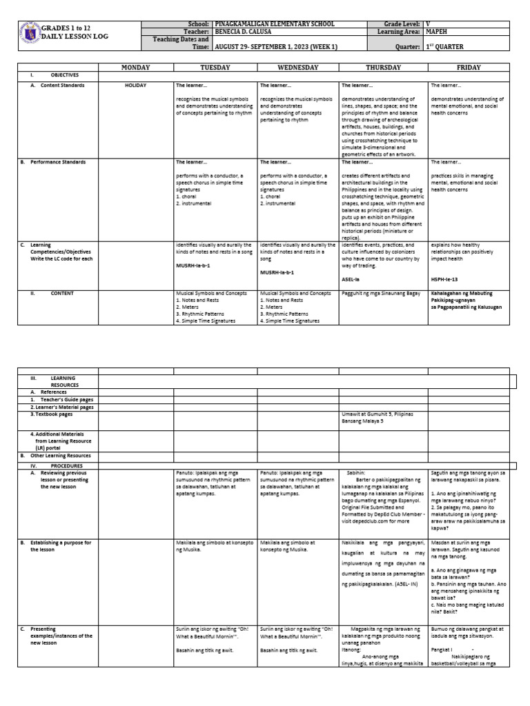 DLL - Mapeh 5 - Q1 - W1 | PDF | Learning | Cognitive Science