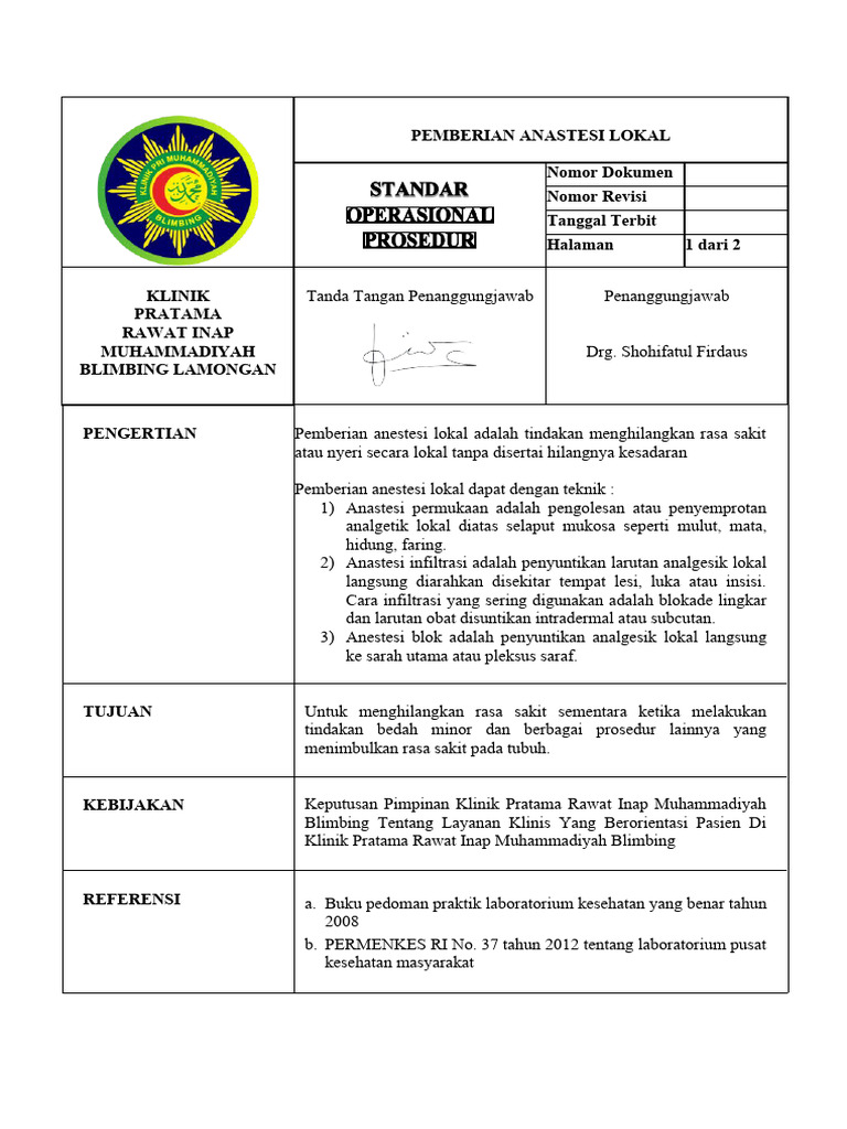 Sop Pemberian Anastesi Lokal | PDF