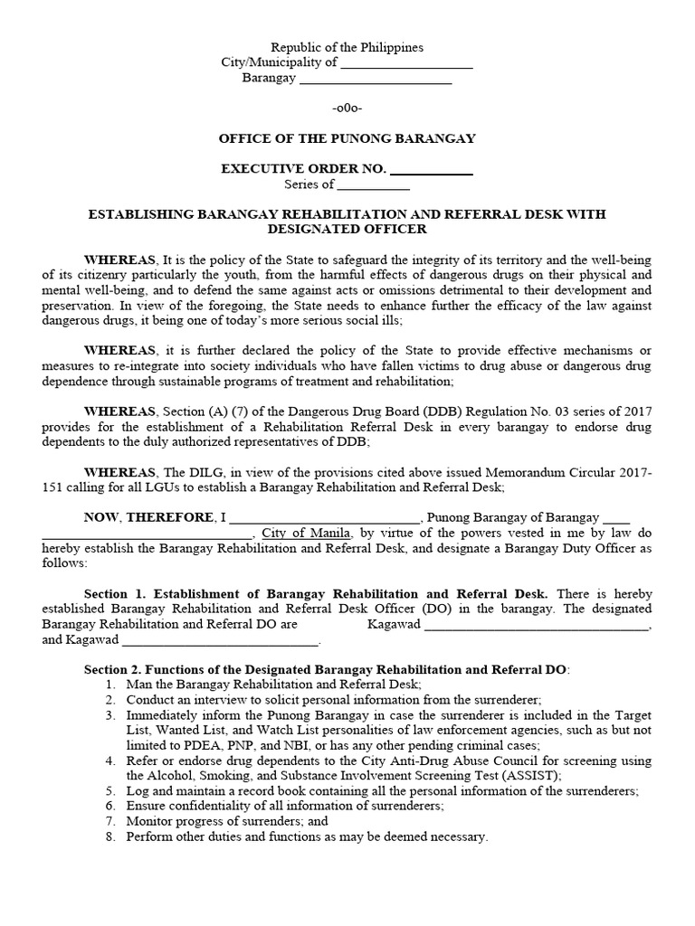 EO Brgy Rehabilitation and Referral Desk | PDF | Substance Abuse ...