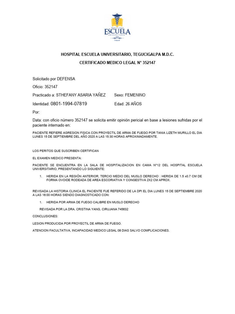 Certificado Medico Legal #352147 | PDF Certificado Medico Legal #352147 | PDF