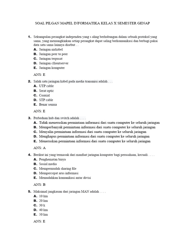 Soal Pilgan Mapel Informatika Kelas X Sem | PDF