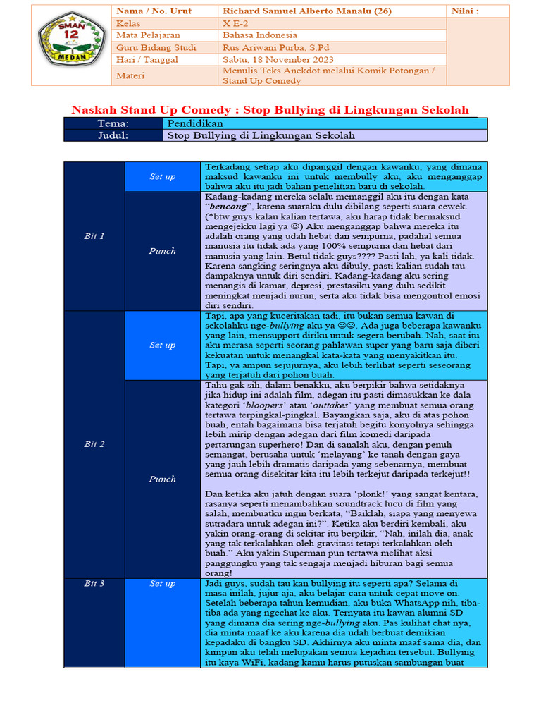 Naskah Stand Up Comedy Bullying by Richard | PDF