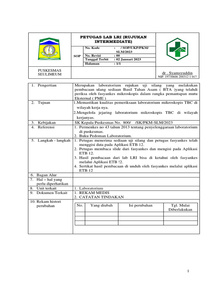 Sop Petugas Lab Lri (Rujukan Intermediate) 1. | PDF