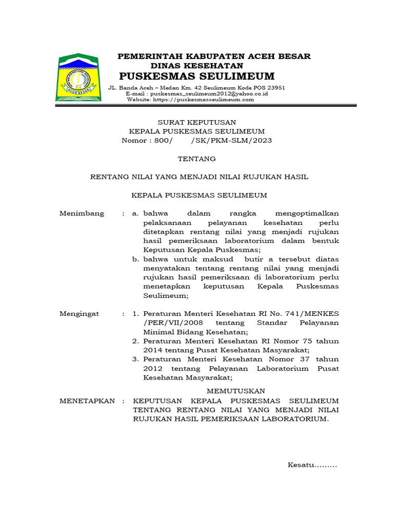 SK Rentang Nilai Yang Menjadi Nilai Rujukan Hasil Pemeriksaan ... SK Rentang Nilai Yang Menjadi Nilai Rujukan Hasil Pemeriksaan ...