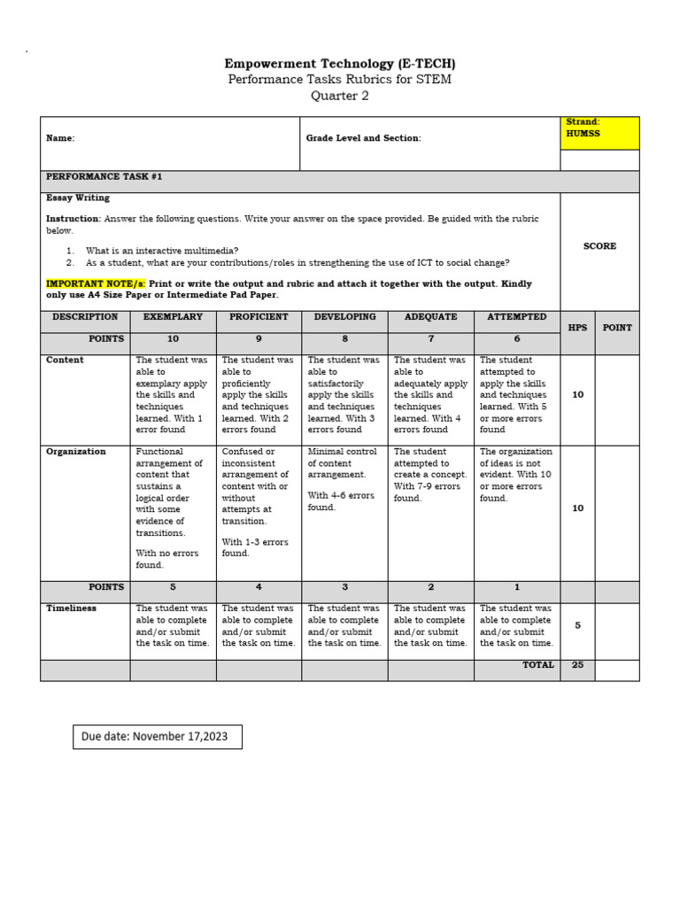 Etech Rubrics Q2humss | PDF | Rubric (Academic) | Cognition