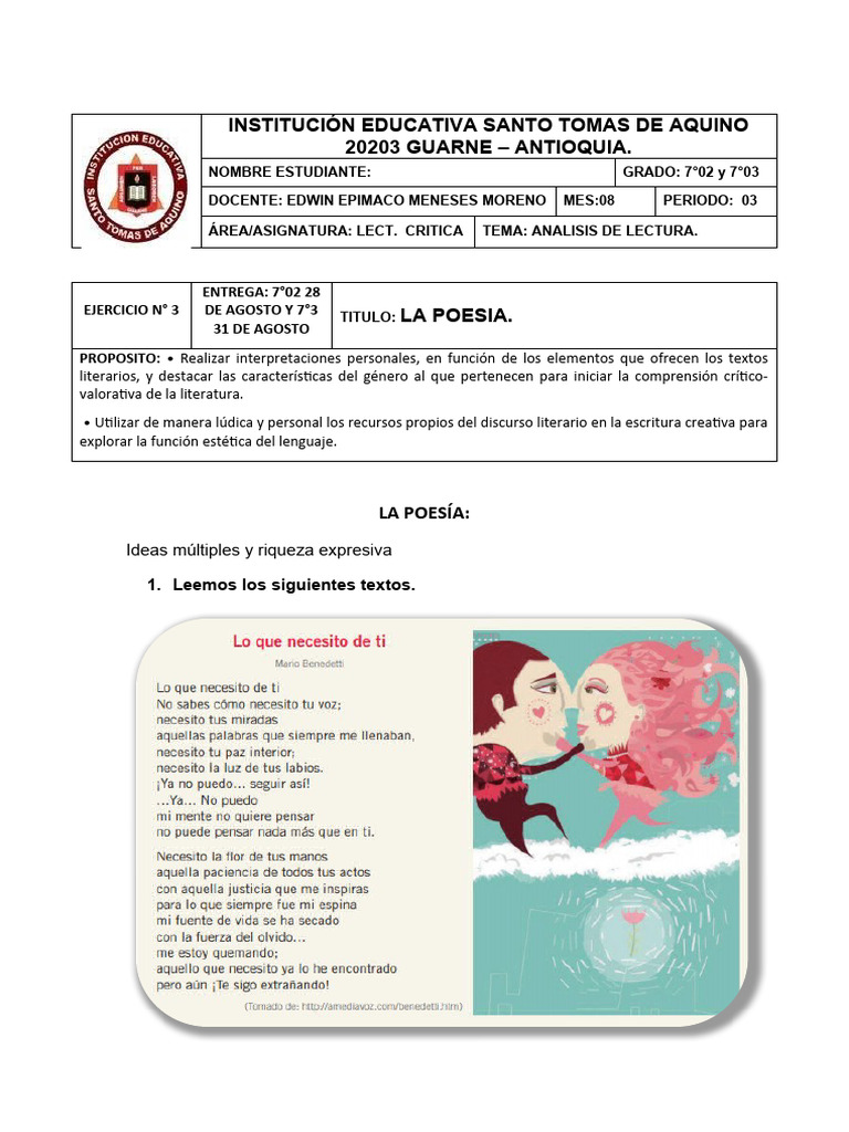 Ejercicio 3 Lectura Critica Grados 7â°02 y 7â°03. | PDF