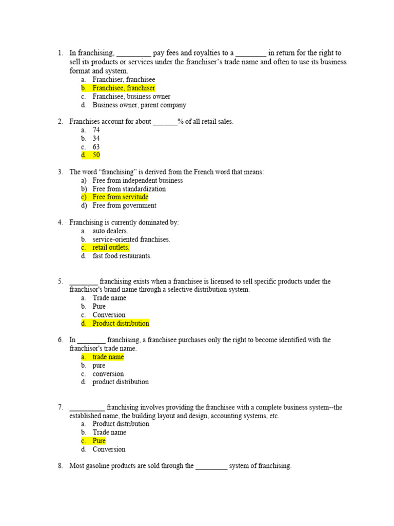 Quizz 1 - Multiple Choice (Franchising) | PDF | Franchising | Economies