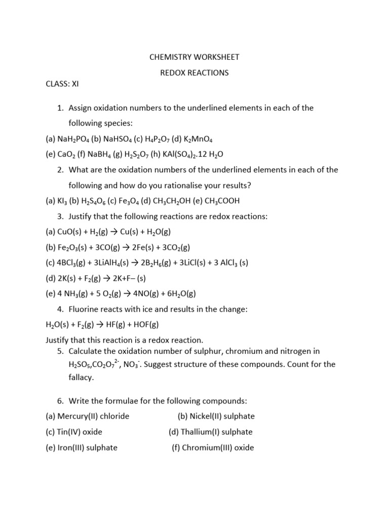 Redox Reactions Worksheet for Class XI | PDF | Redox | Chemical Reactions