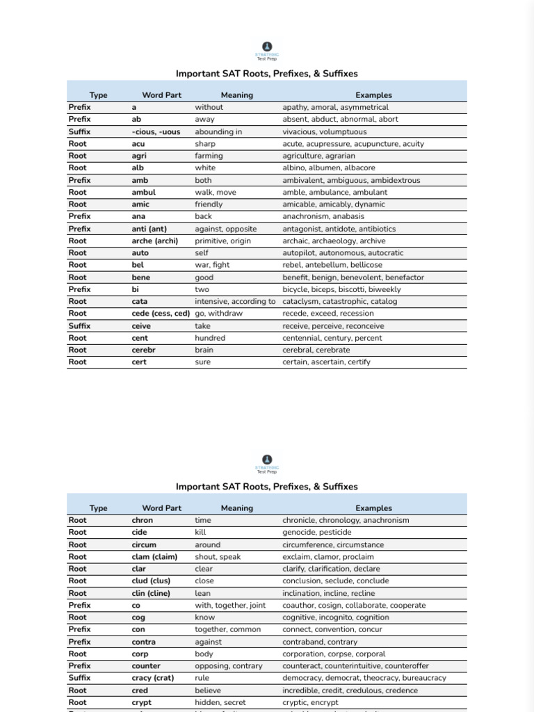 Most Common Roots, Prefixes & Suffixes - Google Sheets | PDF