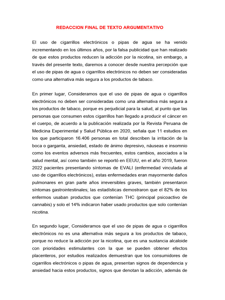 Redaccion Final de Texto Argumentativo | PDF | Cigarrillo electrónico | Cigarrillo