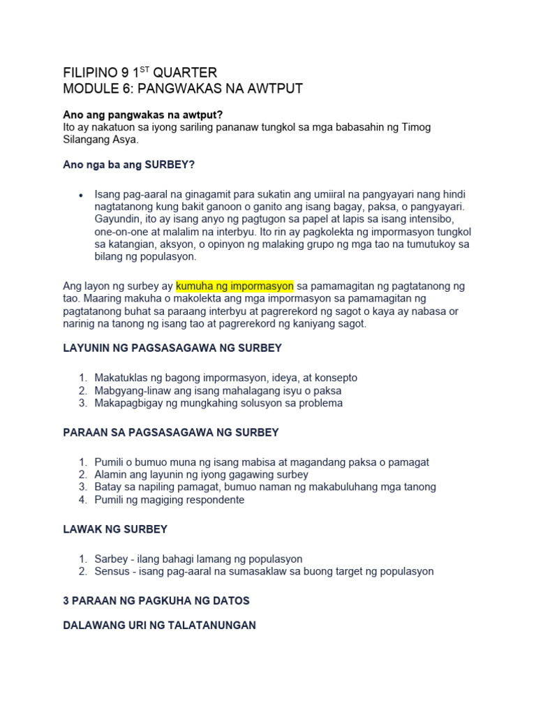 Filipino 9 1st Quarter Module 6 - Pagwawakas NG Awtput | PDF