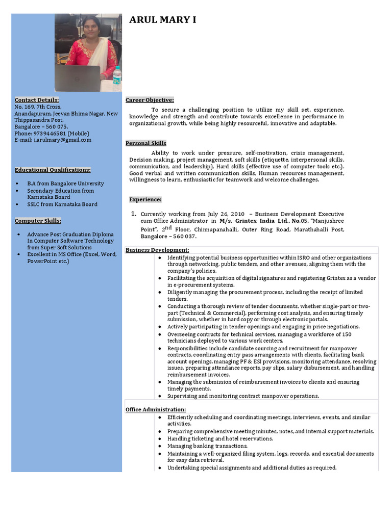 CV Arul Mary | PDF | Skill | Logistics