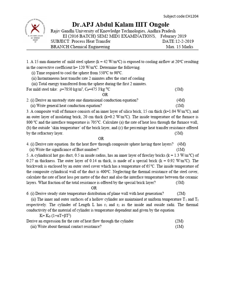 Process Heat Transfer CH MId Paper | PDF | Heat Transfer | Thermal ...