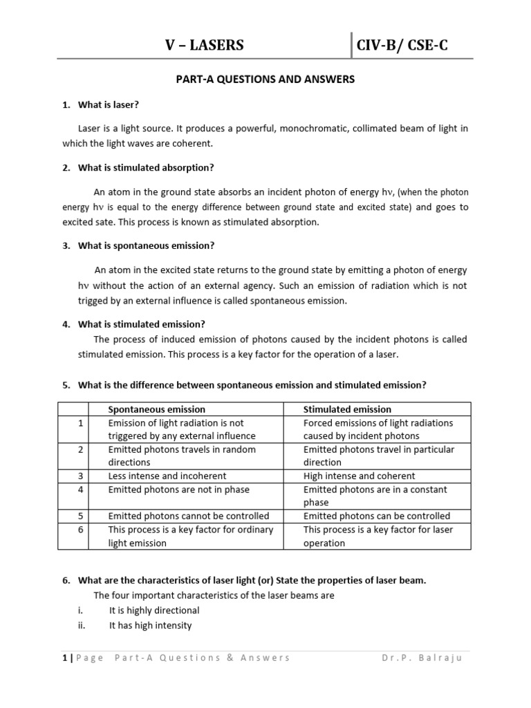 Lasers 2 Mark Questions NEW | PDF | Laser | Emission Spectrum