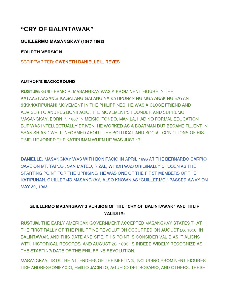 Cry of Balintawak Script | PDF | Philippines | Metro Manila