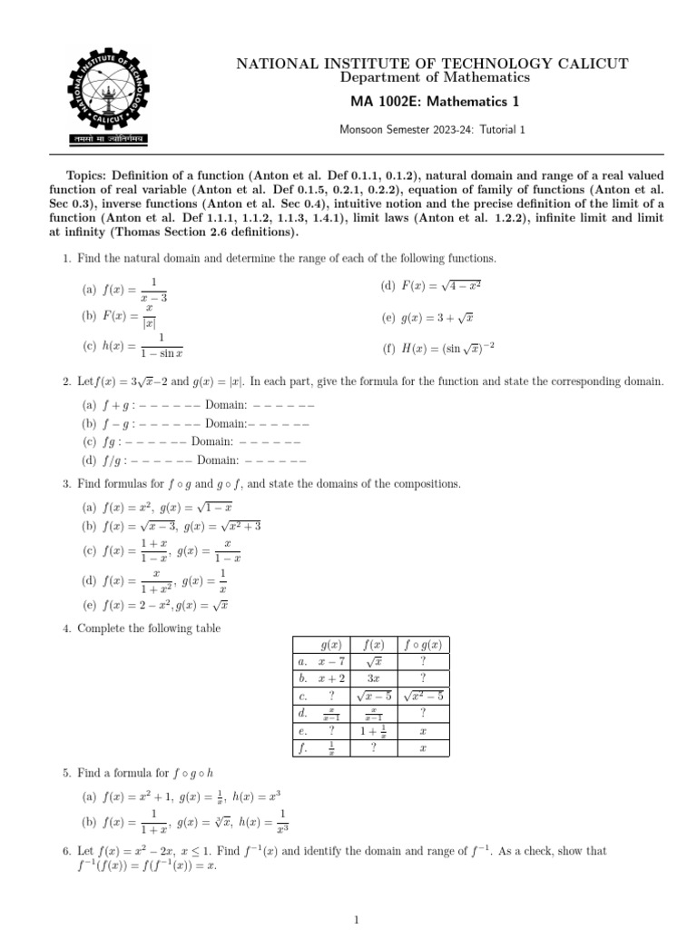 Tutorial 1 | PDF | Function (Mathematics) | Infinity