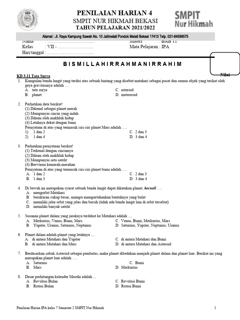 Soal PH 4 Bab 11 Tata Surya | PDF