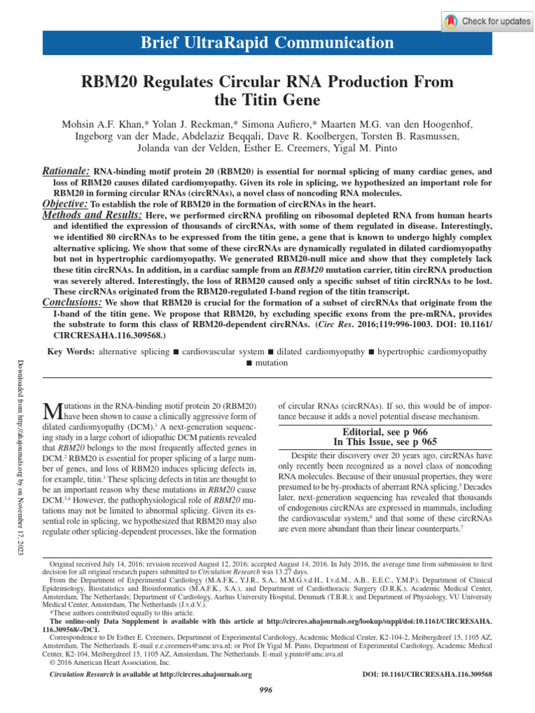 Khan Et Al 2016 rbm20 Regulates Circular Rna Production From The Titin ...