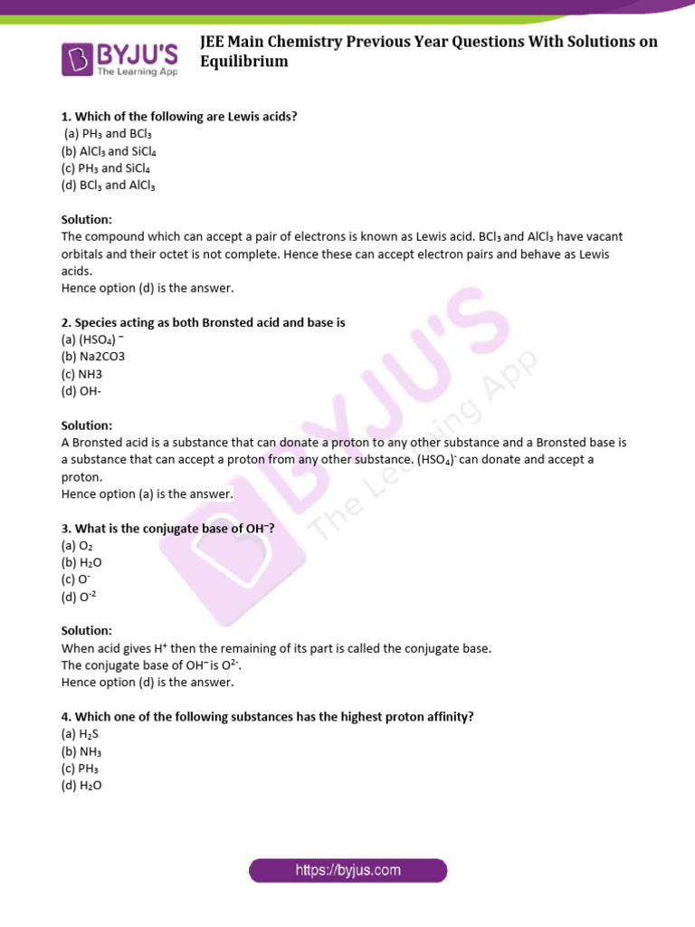 JEE Main Equilibrium Questions & Solutions | PDF | Acid | Chemical ...