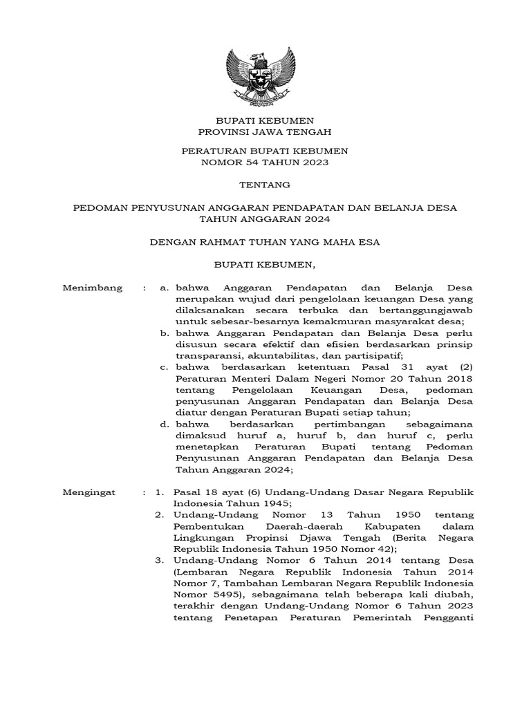 Perbup Pedoman Penyusunan APB Desa APB Desa 2024 | PDF