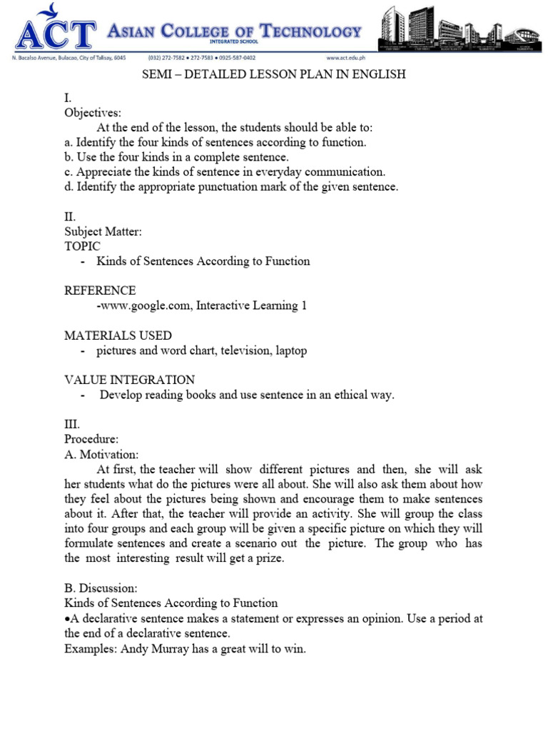 Lesson Plan 4 Types of Sentences | PDF | Sentence (Linguistics) | Question