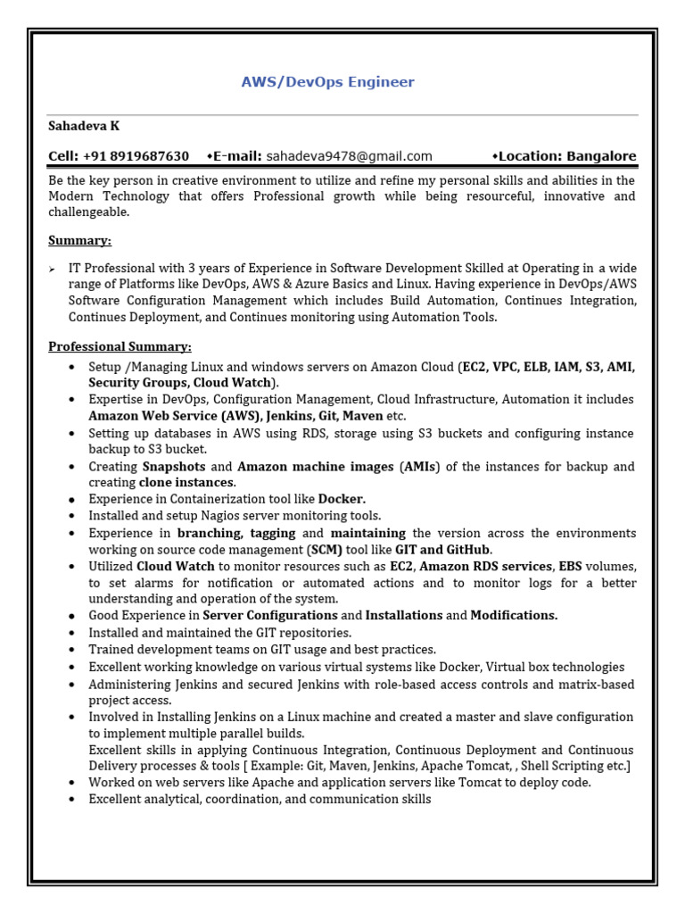 DevOps Resume Sahadeva | PDF | Amazon Web Services | Cloud Computing