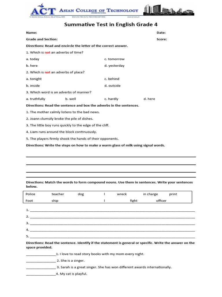 Summative Test in English Grade 4 | PDF